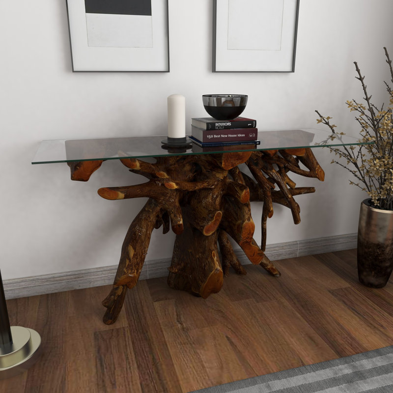 Loon Peak Teak Wood Handmade Live Edge Tree Stump Console Table with Clear Glass Top Reviews Wayfair